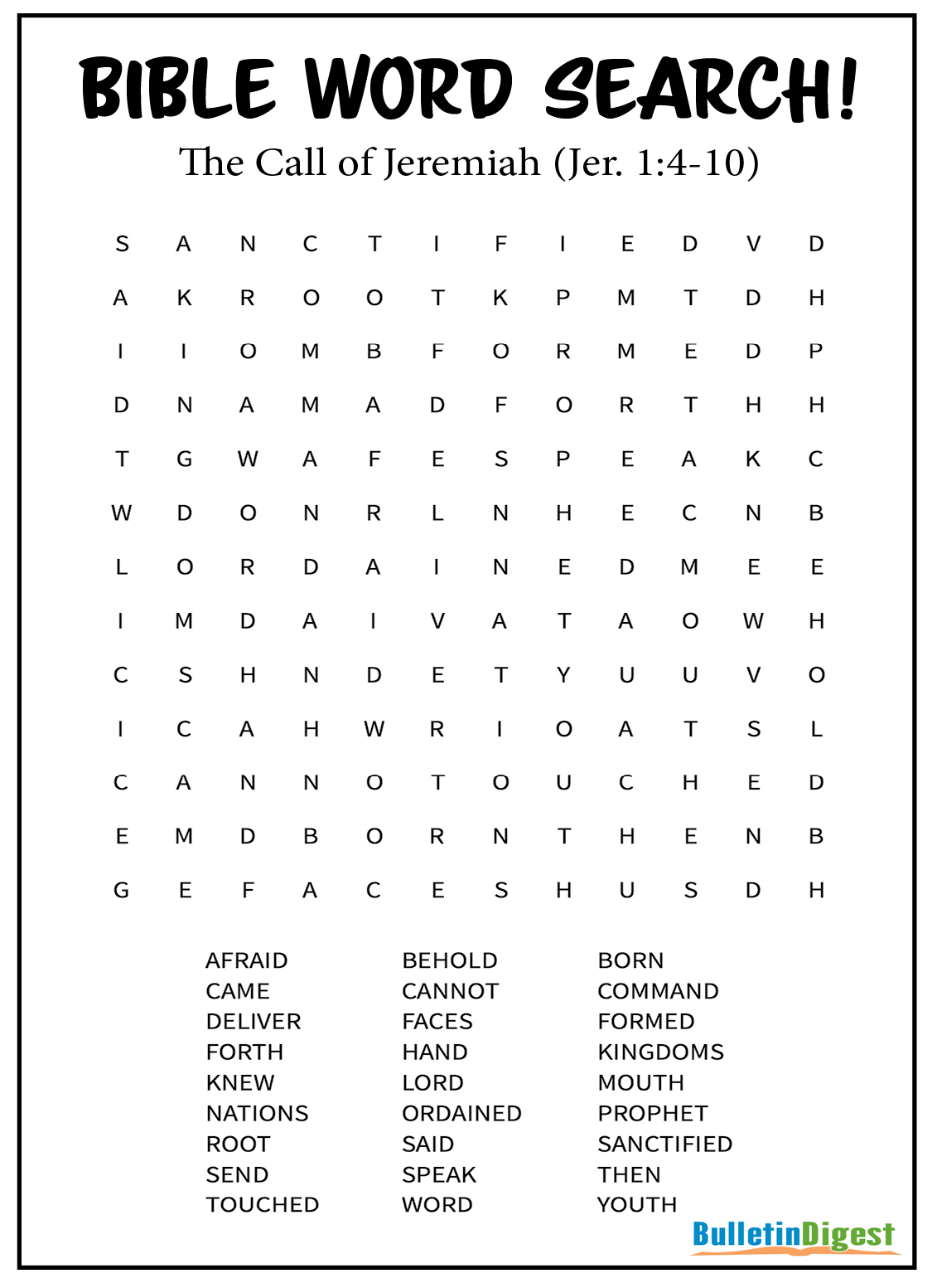 Word Search: The Call of Jeremiah (Jeremiah 1:4-10) - Bulletin Digest